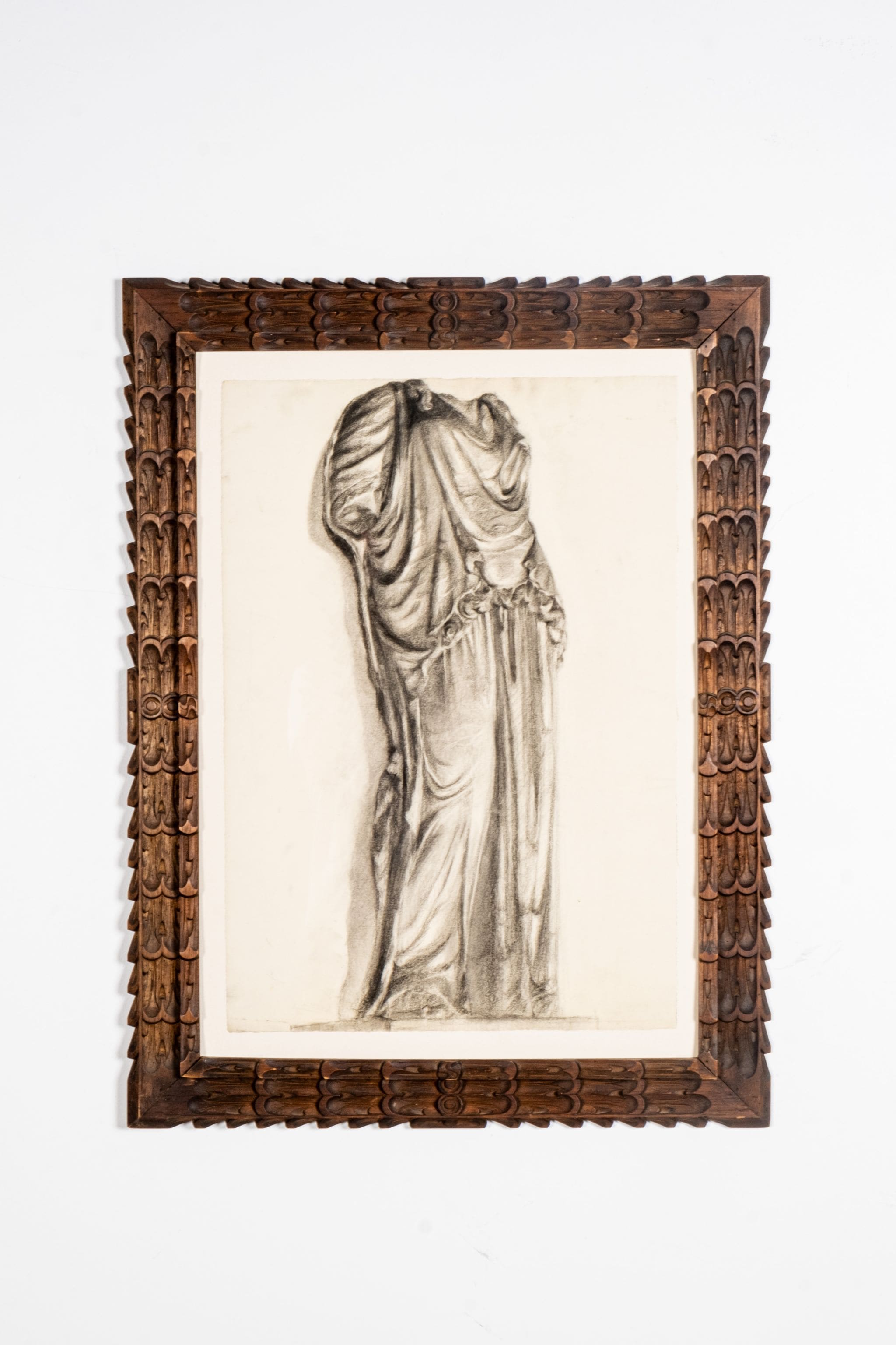Vintage Charcoal Drawing in Ornate Vintage Carved Wood Frame | Bonne Choice
