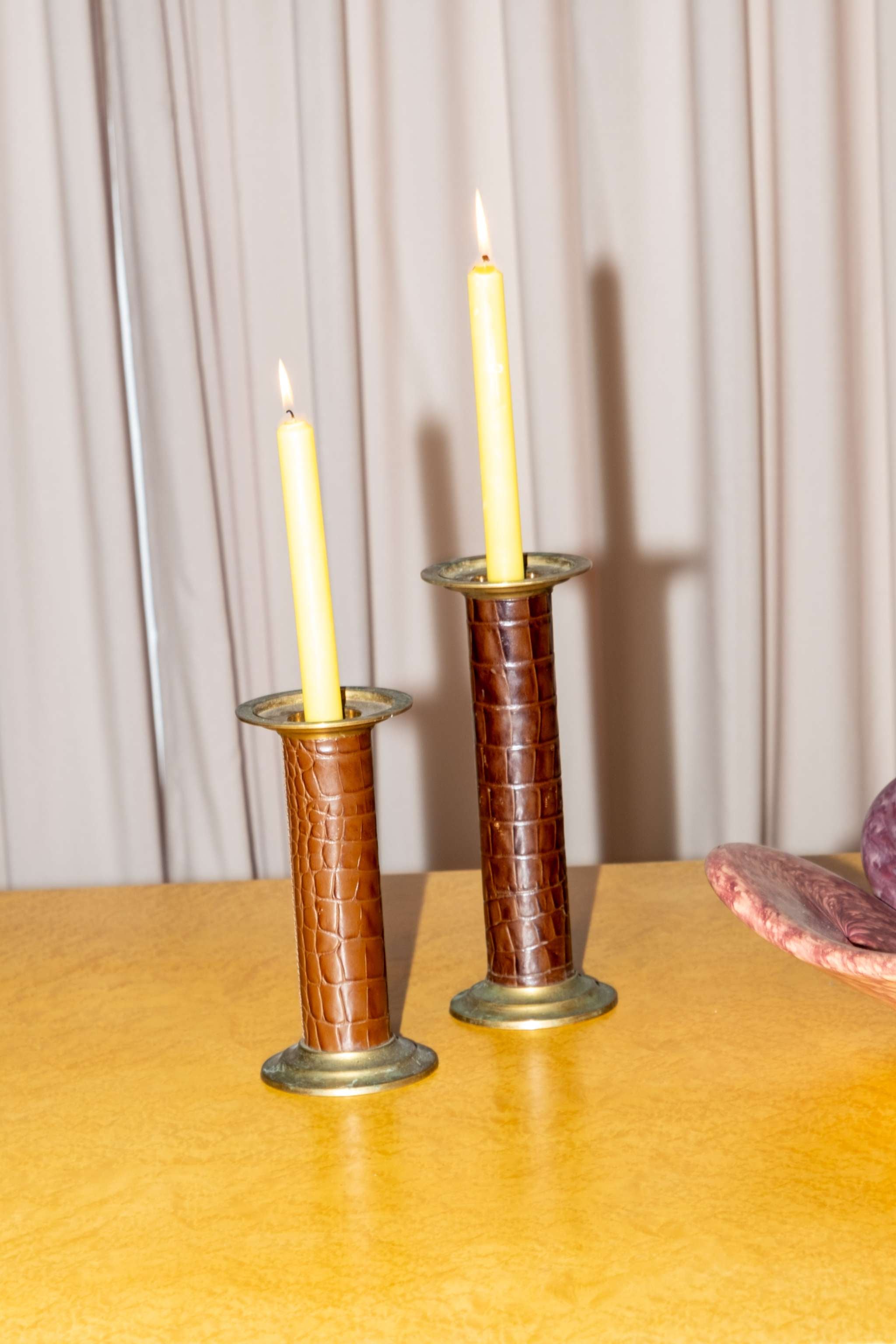 Vintage Leather Wrapped Candlestick Pair | Bonne Choice