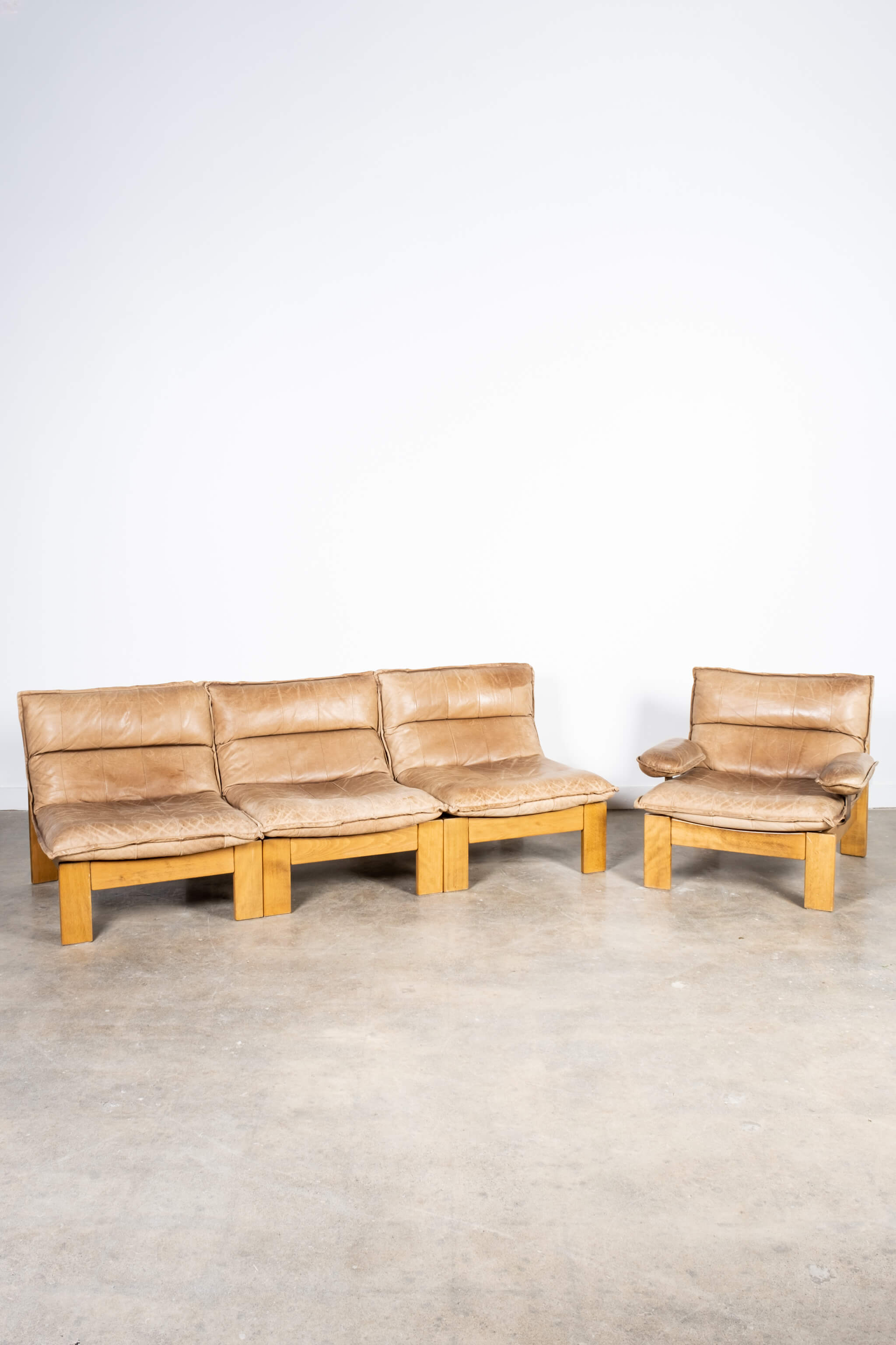 Tan Leather with Wood Frame Modular 3-Seater Sofa | Bonne Choice
